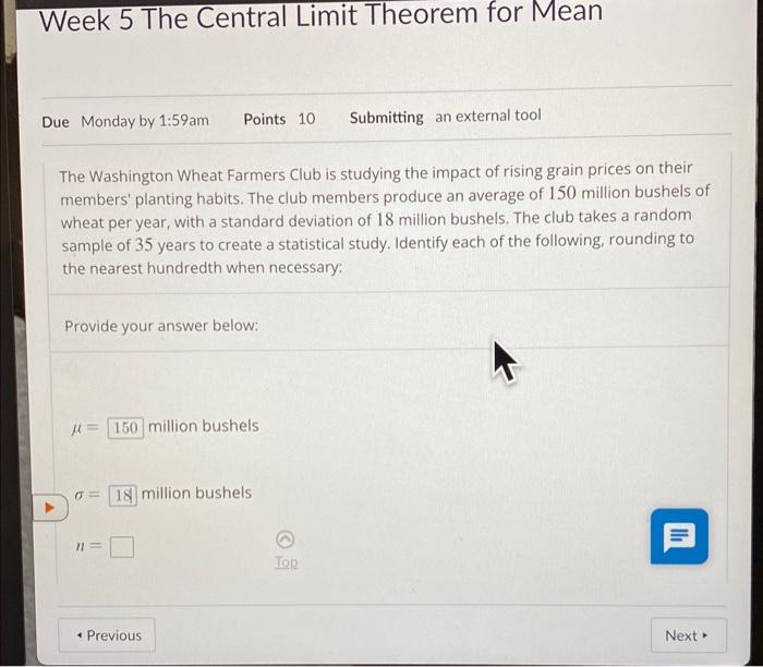 Solved Week 5 The Central Limit Theorem for Mean Due Monday | Chegg.com