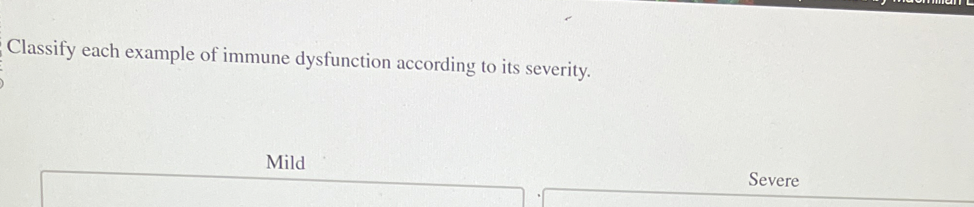 Solved Classify each example of immune dysfunction according | Chegg.com