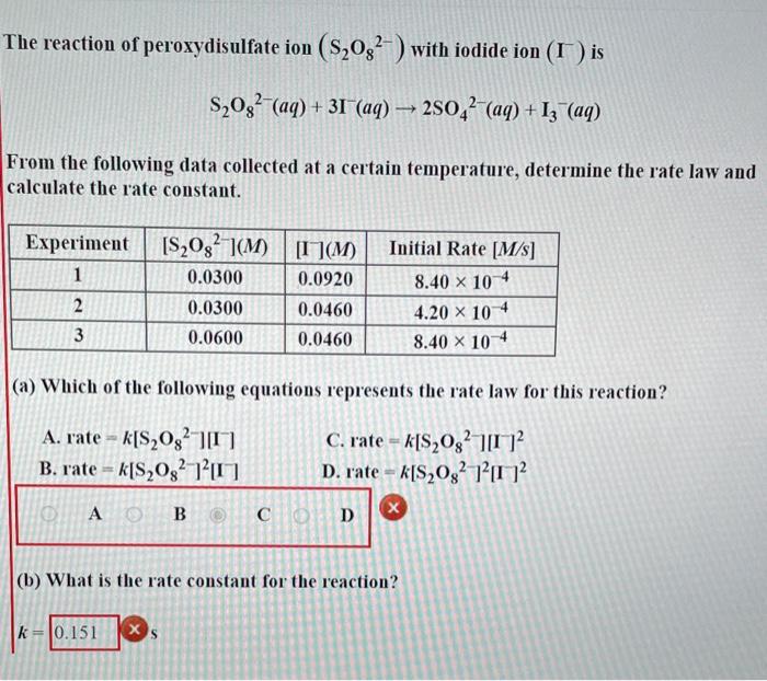 Solved The reaction of peroxydisulfate ion (S2O82−) with | Chegg.com