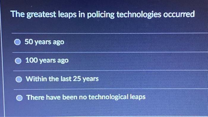 Solved The greatest leaps in policing technologies occurred | Chegg.com
