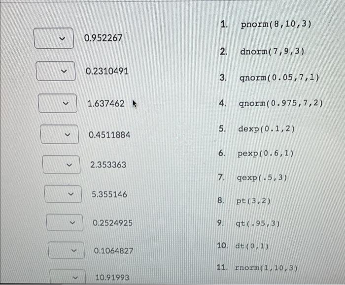 Solved 1. pnorm( 8, 10,3) 0.952267 2. dnorm(7,9,3) 0.2310491 | Chegg.com