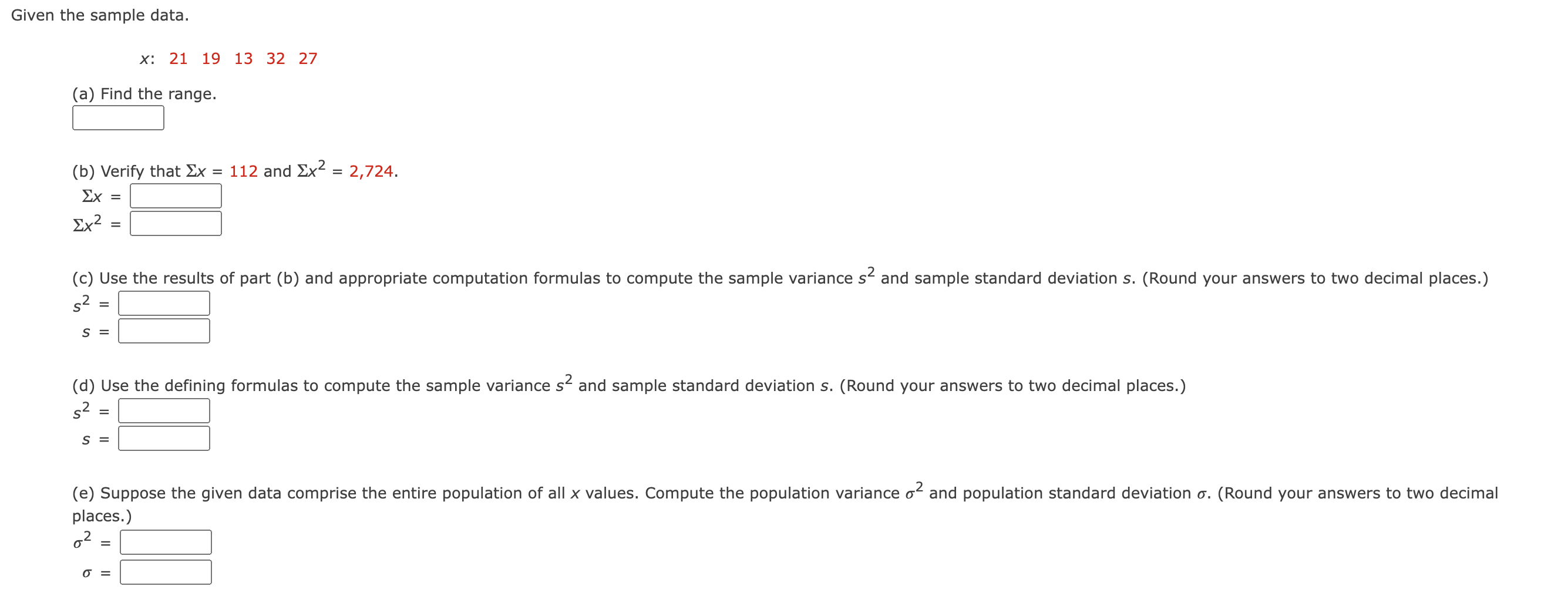 Solved Given the sample data. ﻿x: {:[21,19,13,32,27](a) | Chegg.com