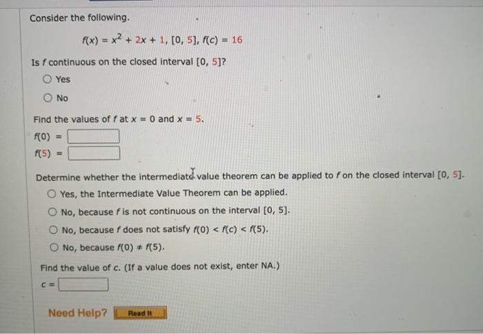 Solved Consider the following. f(x)=x2+2x+1,[0,5],f(c)=16 Is | Chegg.com