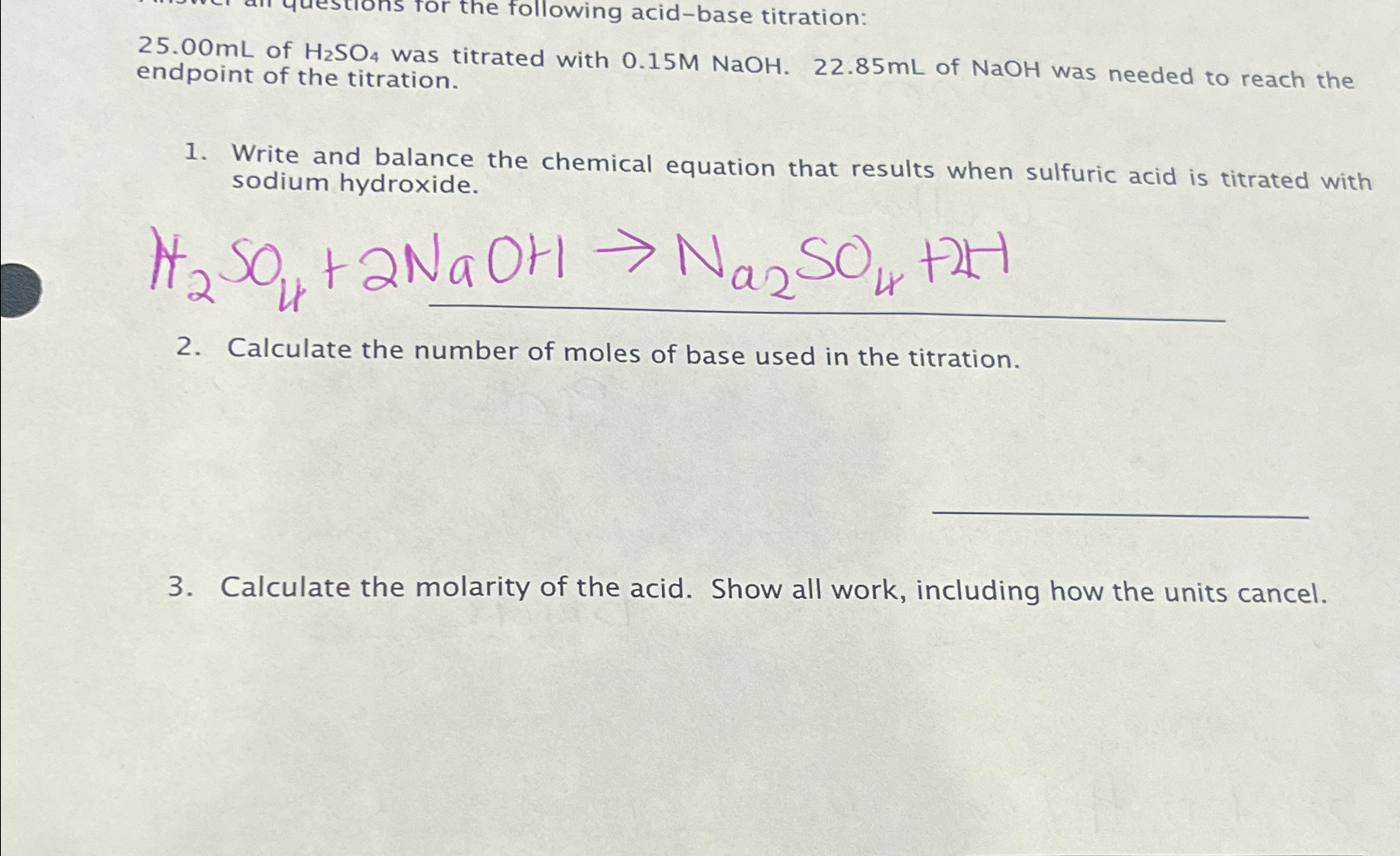 25.00mL ﻿of H2SO4 ﻿was titrated with 0.15MNaOH. | Chegg.com