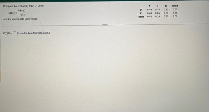 Solved Compute the probabiliy P(D∣C) using P(D,G)=P(C)P(D∩C) | Chegg.com