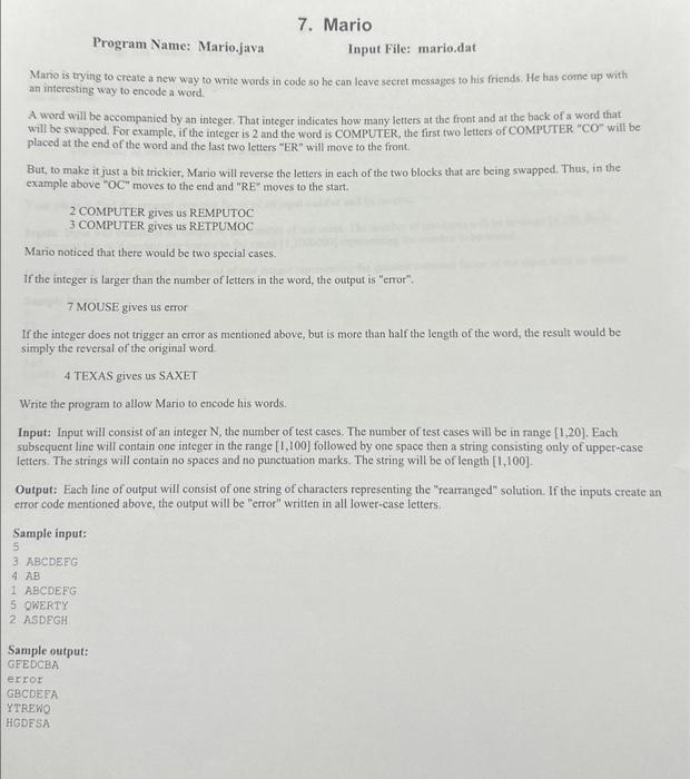 Solved 7. Mario Program Name: Mario.java Input File: | Chegg.com