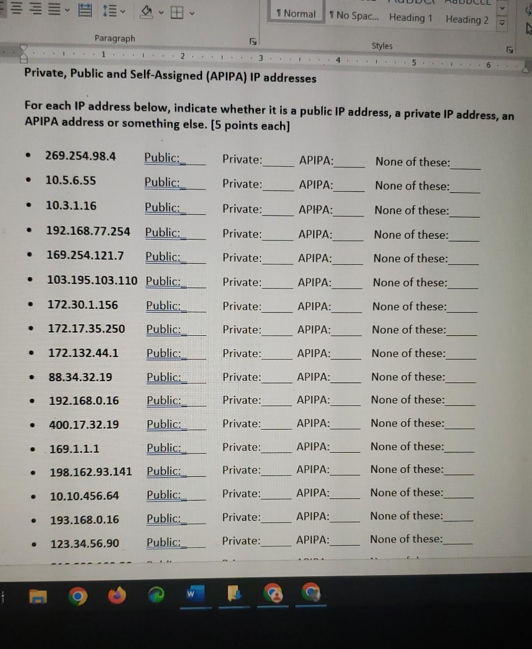 Solved For each IP address below, indicate whether it is a | Chegg.com