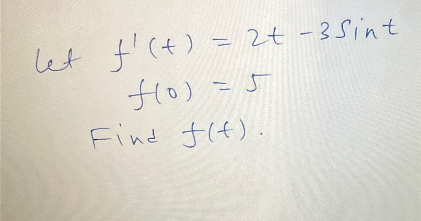 Solved let f'(t)=2t-3sintf(0)=5Find f(t). | Chegg.com