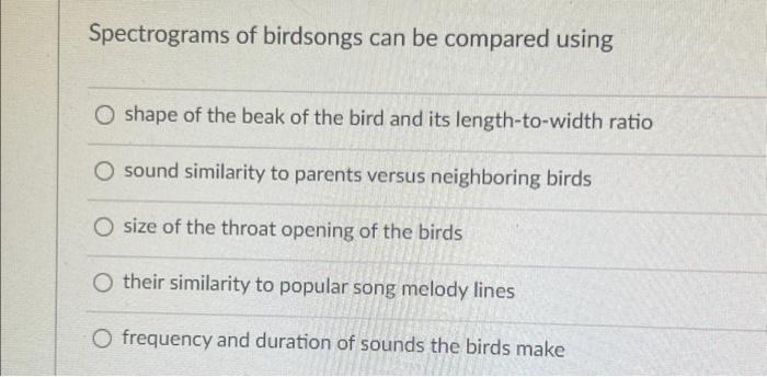 Solved Spectrograms of birdsongs can be compared using shape | Chegg.com