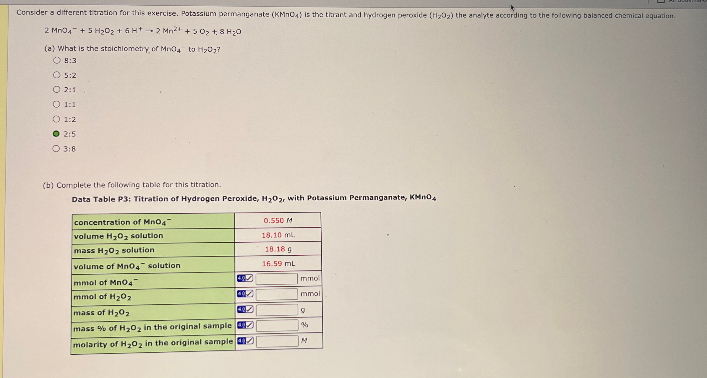 Solved 2MnO4-+5H2O2+6H+→2Mn2++5O2+8H2O(a) ﻿What is the | Chegg.com