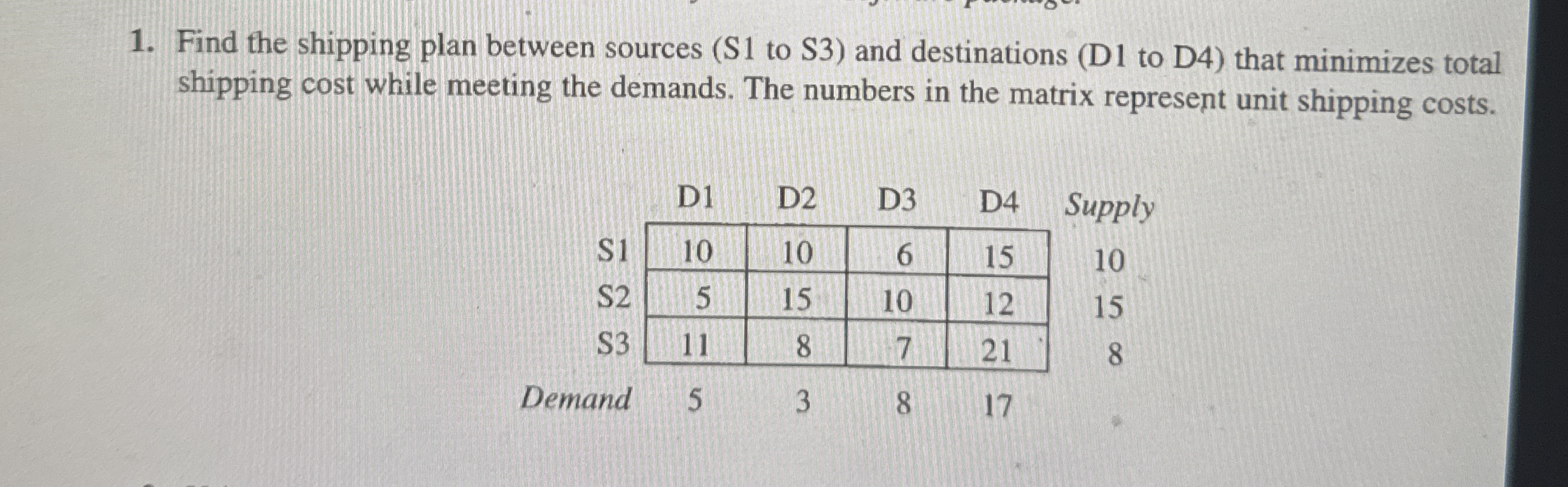 Solved Find the shipping plan between sources (S1 ﻿to S3) | Chegg.com