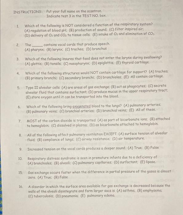 Solved INSTRUCTIONS: Put your full name on the scantron. | Chegg.com