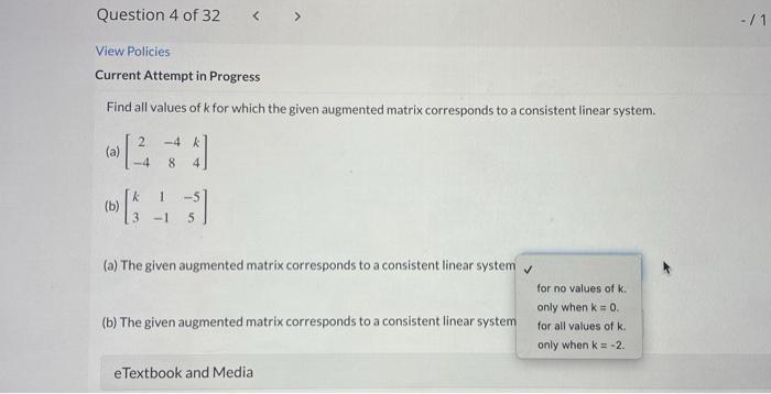 Solved Find all values of k for which the given augmented | Chegg.com