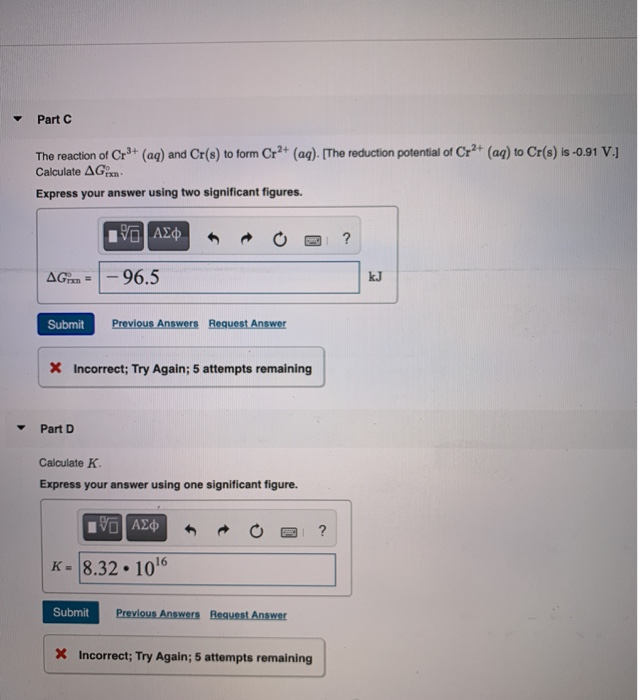 Solved Part C The reaction of Cr3+ (aq) and Cr(s) to form | Chegg.com