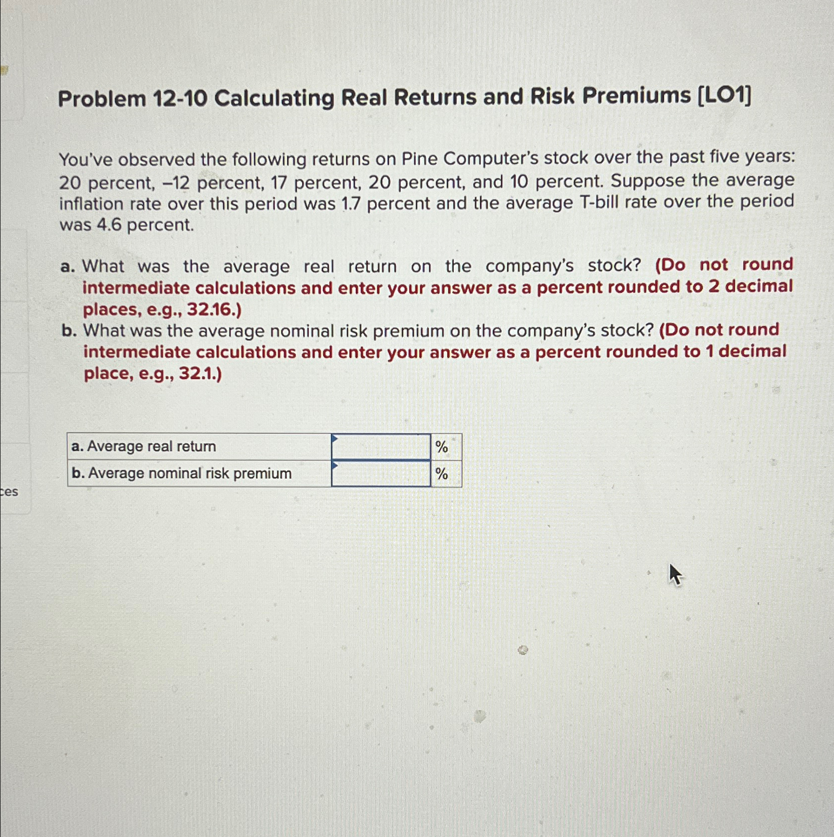 Solved Problem 12-10 ﻿Calculating Real Returns and Risk | Chegg.com