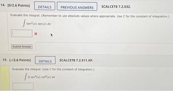 Solved 14. [0/2.6 Points] DETAILS PREVIOUS ANSWERS SCALCET8 | Chegg.com
