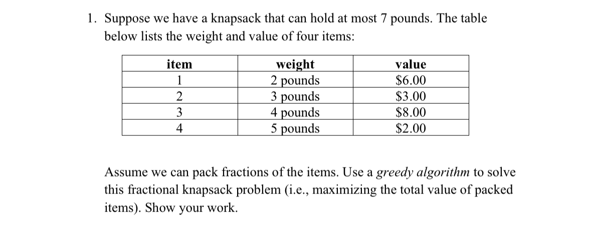 Solved Suppose we have a knapsack that can hold at most 7 | Chegg.com