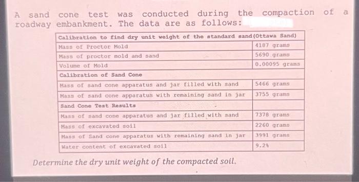Solved A sand cone test was conducted during the compaction | Chegg.com