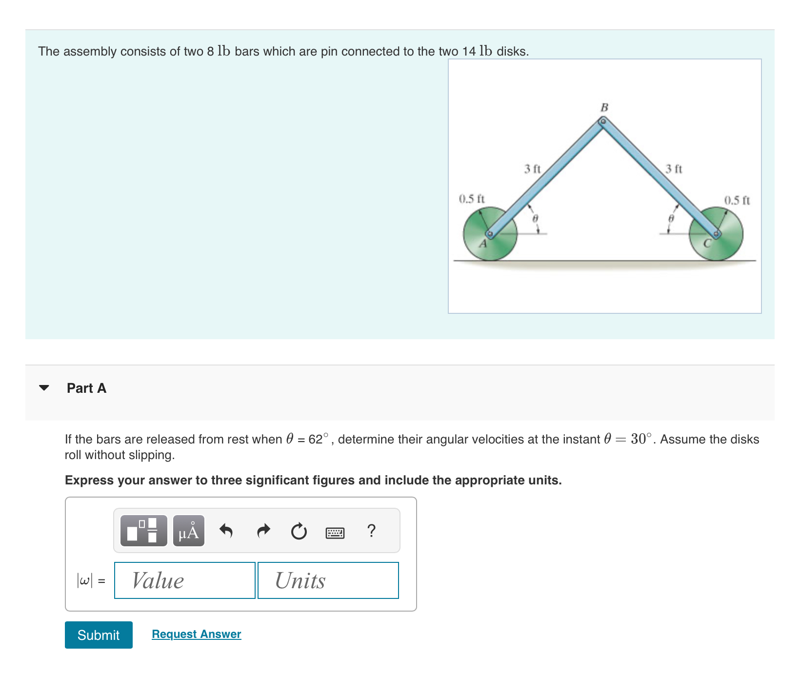 Solved The assembly consists of two 8lb bars which are pin | Chegg.com