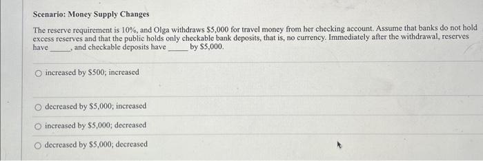 Solved Scenario: Money Supply Changes The reserve | Chegg.com