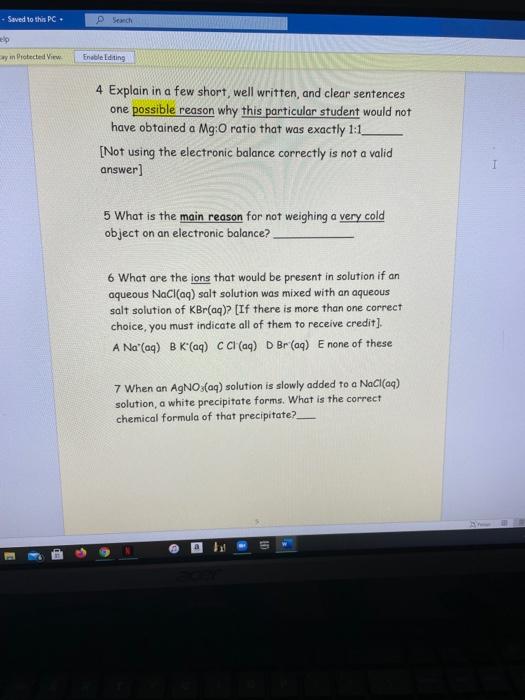 Solved Saved to this PC yen Protected View Enable Editing 4 | Chegg.com