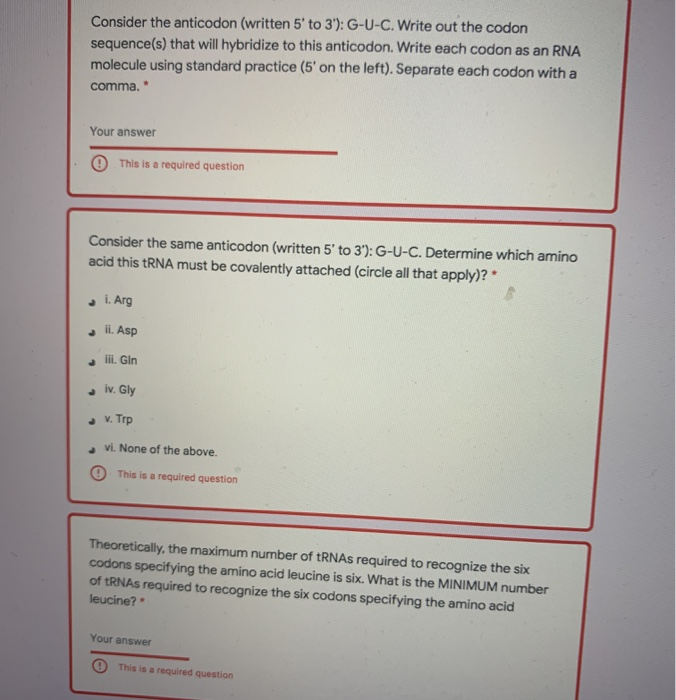 Solved Consider the anticodon (written 5' to 3'): G-U-C. | Chegg.com