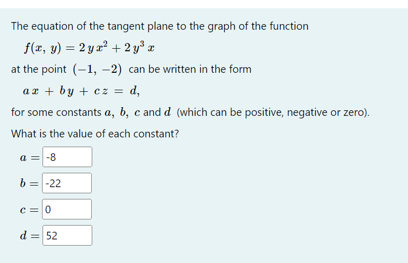 Solved The equation of the tangent plane to the graph of the | Chegg.com