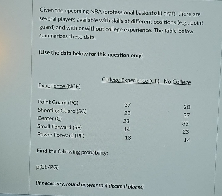 Solved Given the upcoming NBA (professional basketball) | Chegg.com