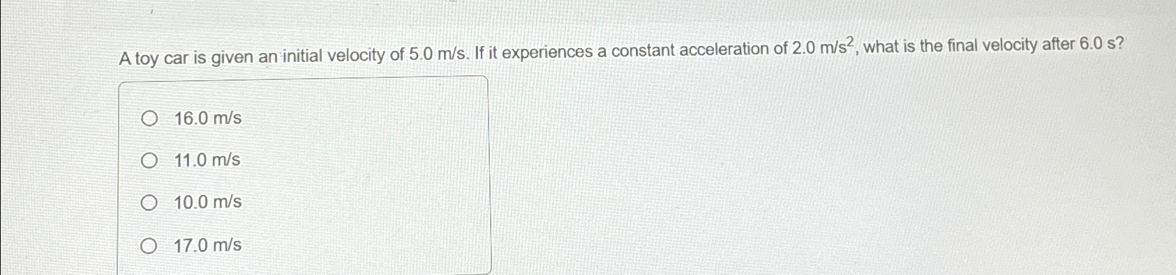 Solved A toy car is given an initial velocity of 5.0ms. ﻿If | Chegg.com