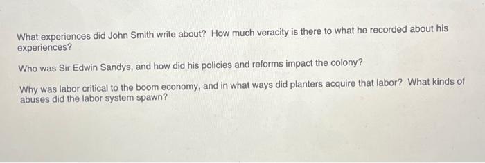 What experiences did John Smith write about? How much | Chegg.com