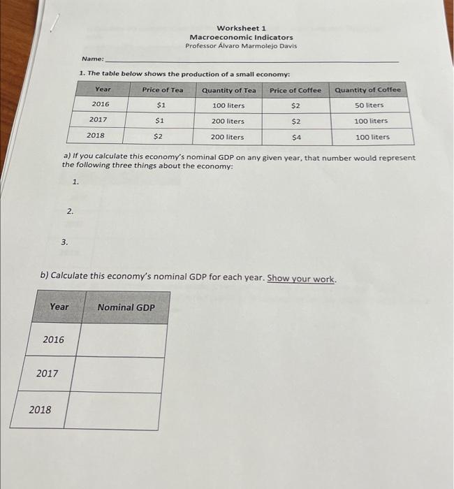 Solved Worksheet 1 Macroeconomic Indicators Professor Alvaro | Chegg.com