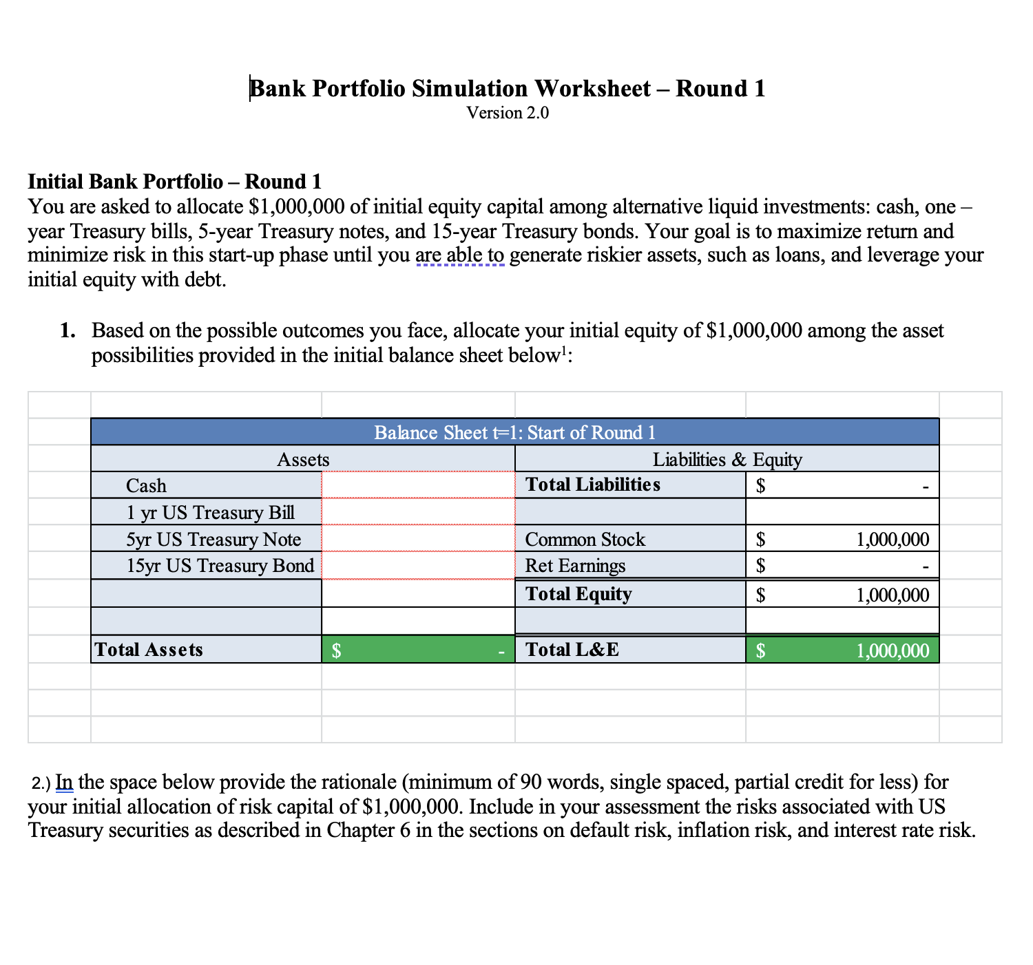 Solved Bank Portfolio Simulation Worksheet - ﻿Round 1 | Chegg.com