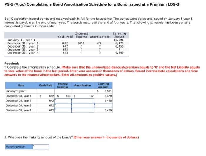 Solved P9.5 (Algo) Completing a Bond Amortization Schedule | Chegg.com