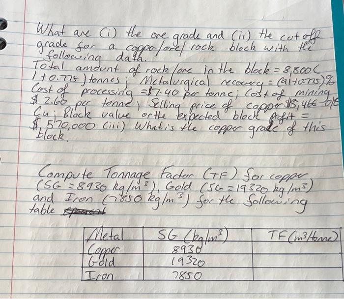 Solved What are (i) the ore grade and (ii) the cut off grade | Chegg.com