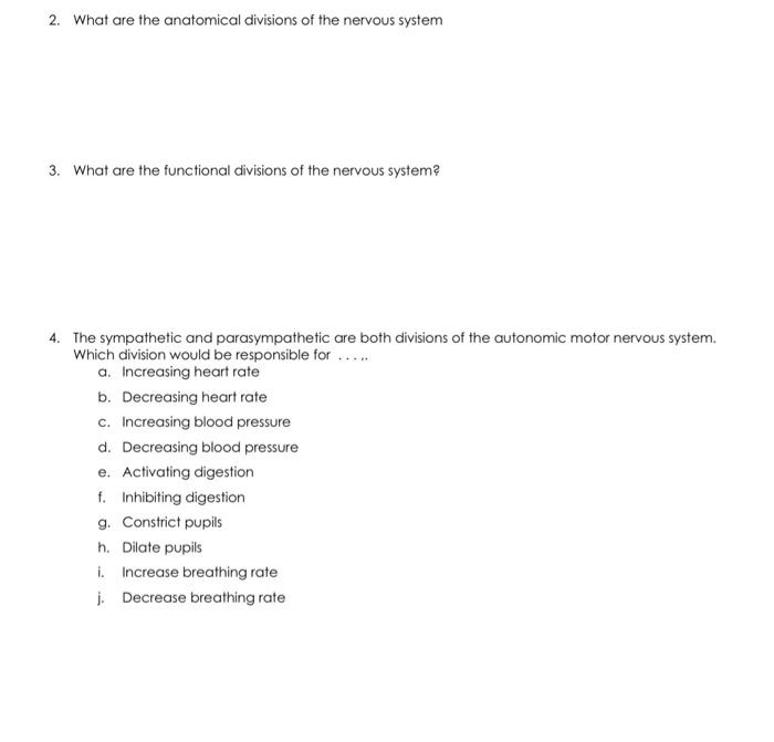 Solved 2. What are the anatomical divisions of the nervous | Chegg.com