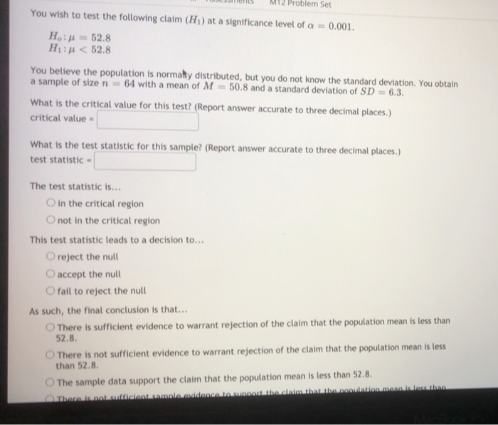 Solved Problem Set You wish to test the following claim (H) | Chegg.com