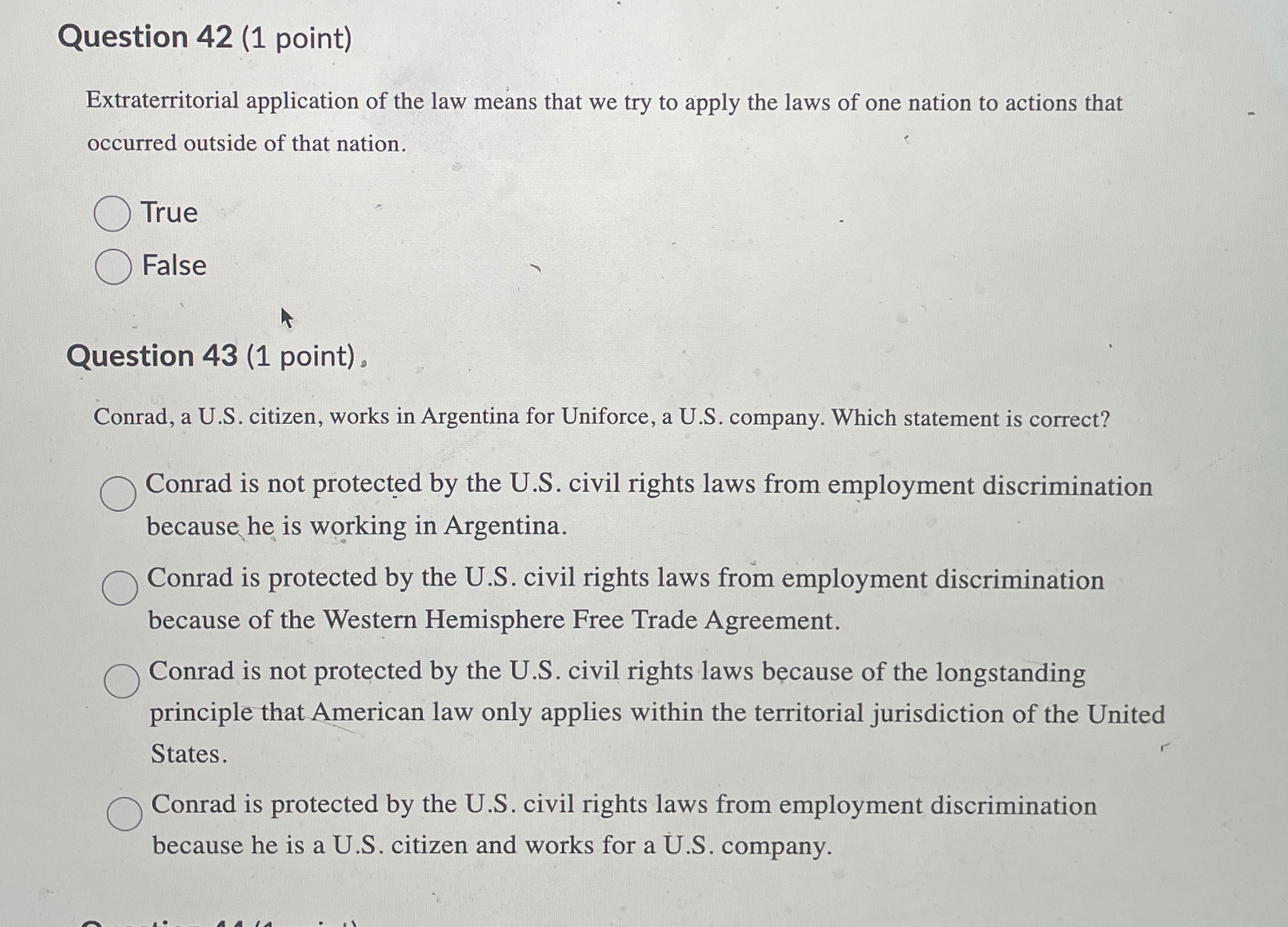 Solved Question 42 (1 ﻿point)Extraterritorial application of | Chegg.com