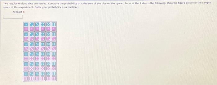 Solved Two regular 6- ilded dice are tossed. Compute the | Chegg.com