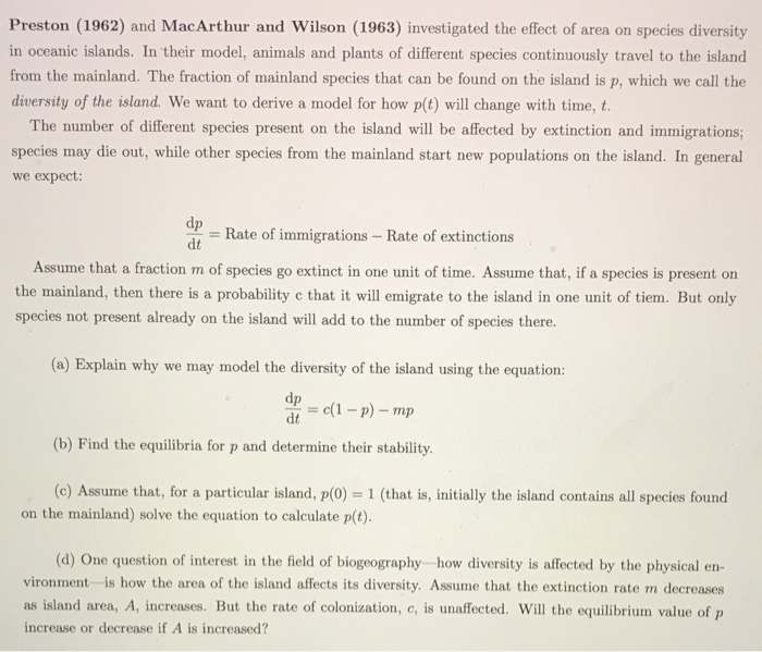 Solved Preston (1962) and MacArthur and Wilson (1963) | Chegg.com