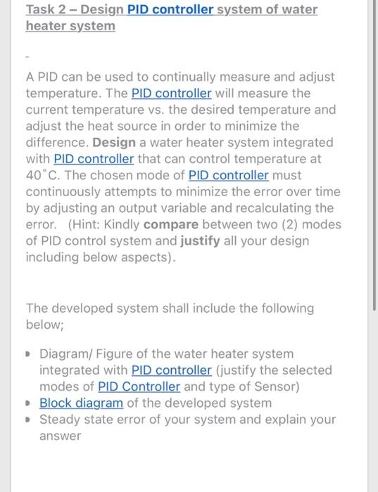 Solved Task 2 - Design PID controller system of water heater | Chegg.com