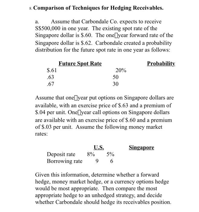 Solved 8. Comparison of Techniques for Hedging Receivables. | Chegg.com