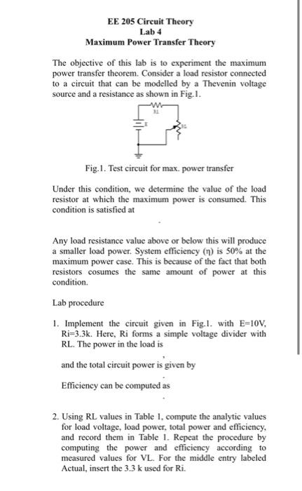 EE 205 Circuit Theory Lab 4 Maximum Power Transfer | Chegg.com