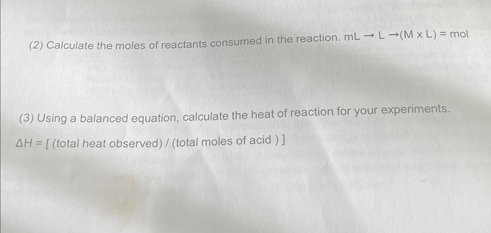 (2) ﻿Calculate the moles of reactants consumed in the | Chegg.com