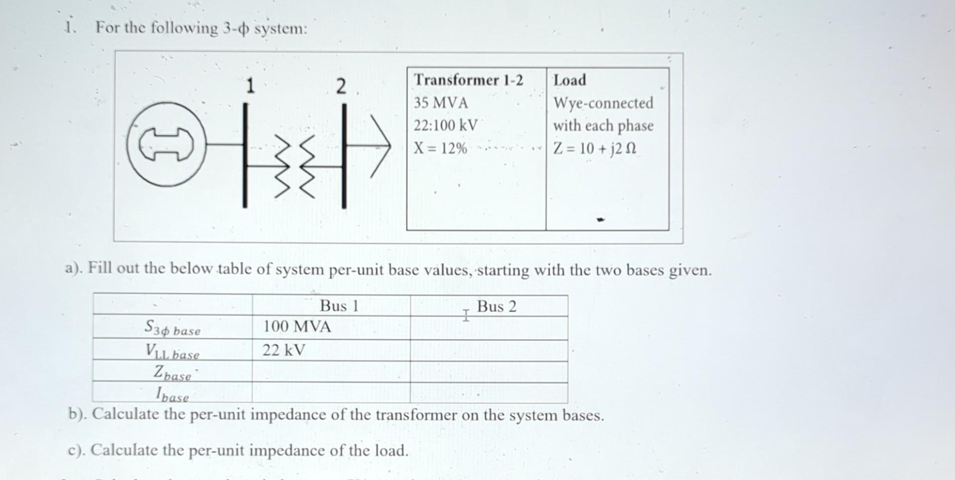 Solved i. For the following 3- ϕ system: a). Fill out the | Chegg.com