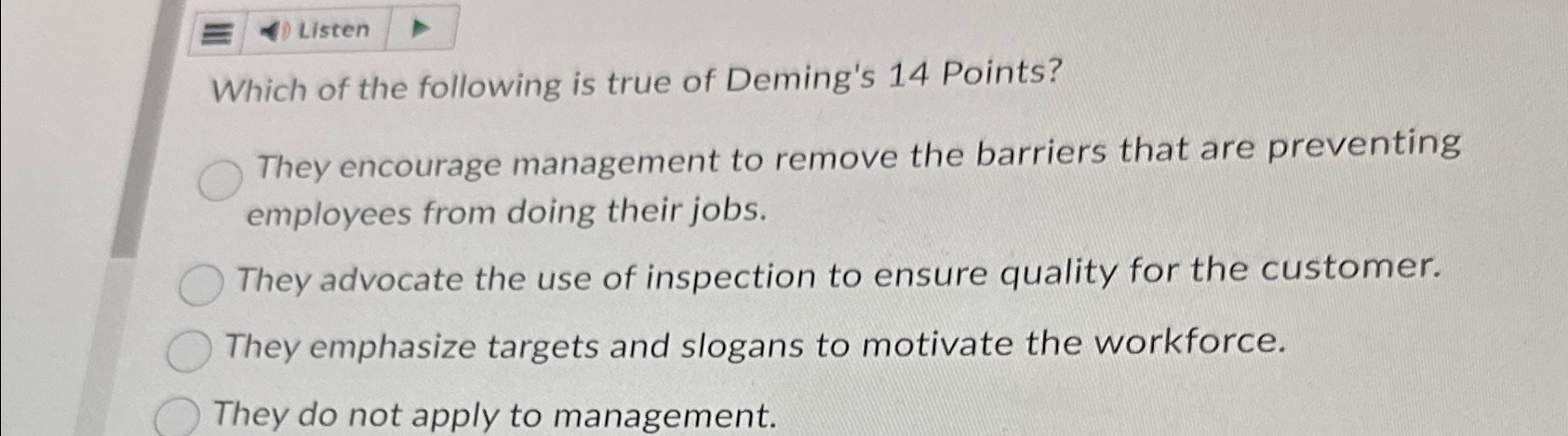 Solved Which of the following is true of Deming's 14 | Chegg.com