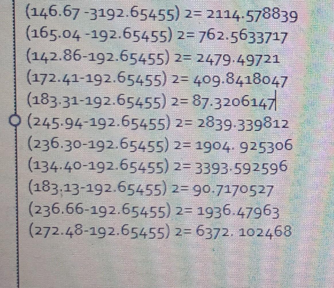 Solved (146.67−3192.65455)2=2114.578839(165.04−192.65455)2=7 | Chegg.com
