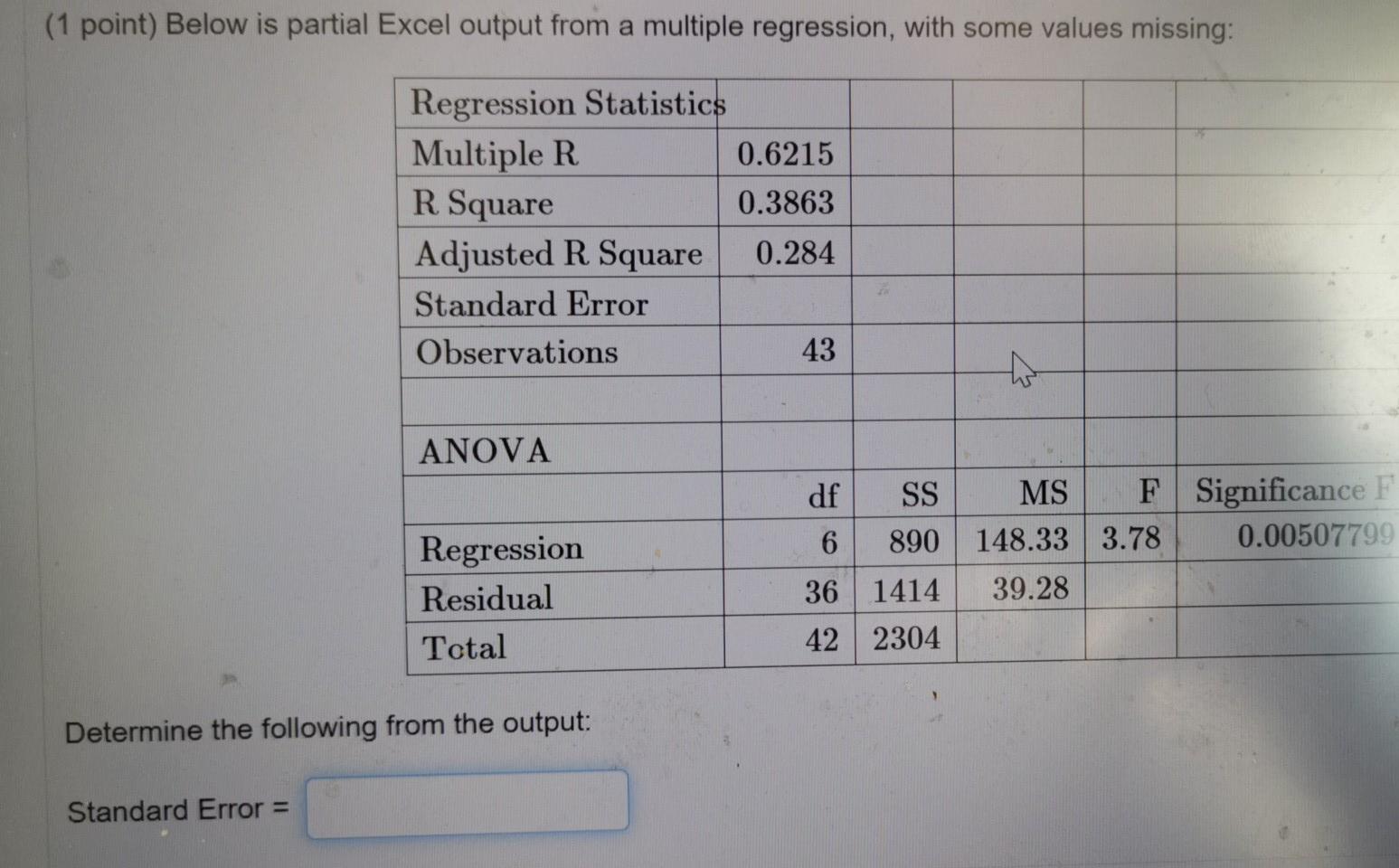 Solved 1 Point Below Is Partial Excel Output From A