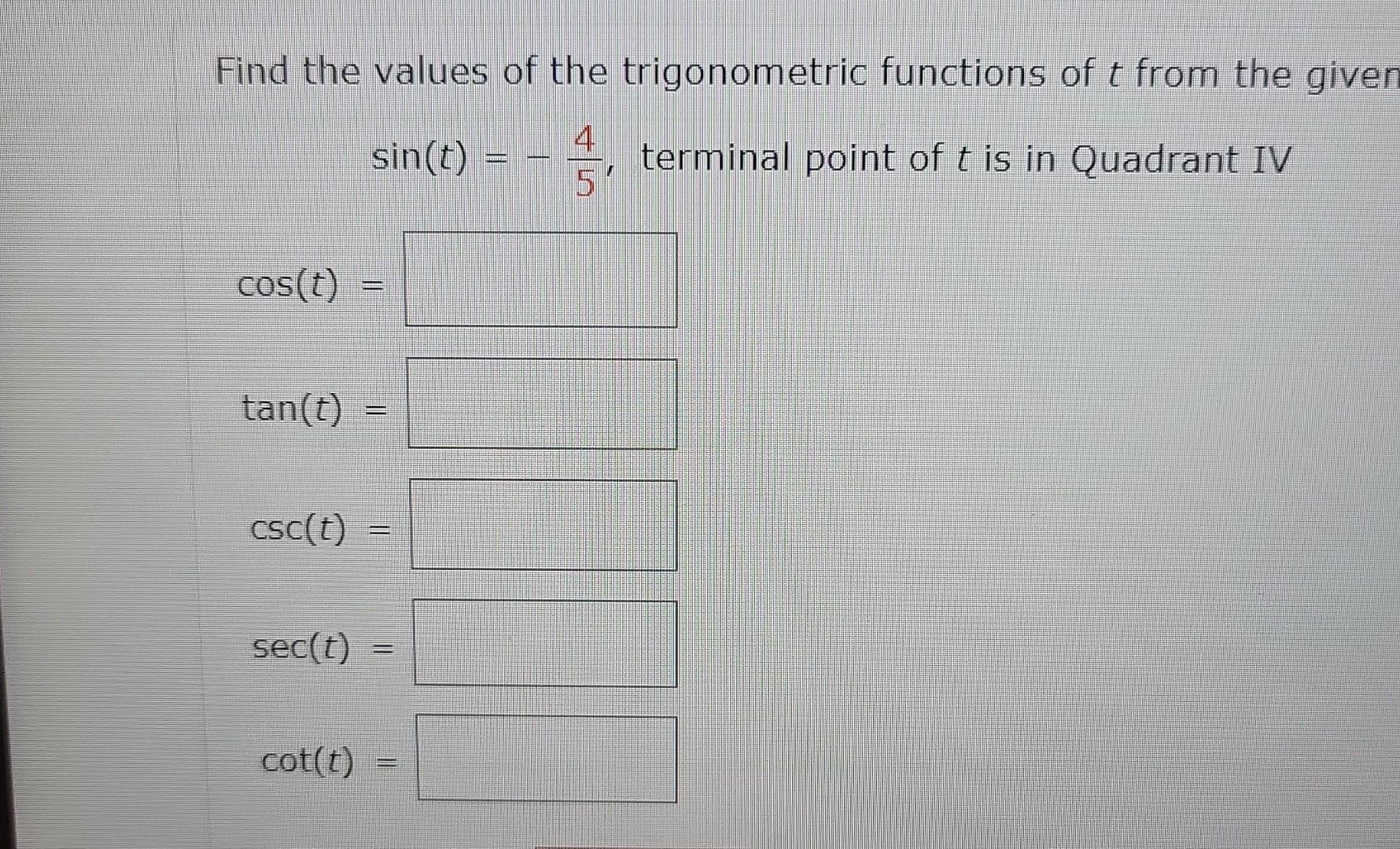 Solved Find the values of the trigonometric functions of t | Chegg.com