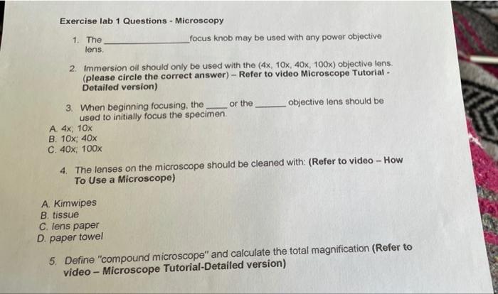 Solved Exercise lab 1 Questions - Microscopy 1. The focus | Chegg.com