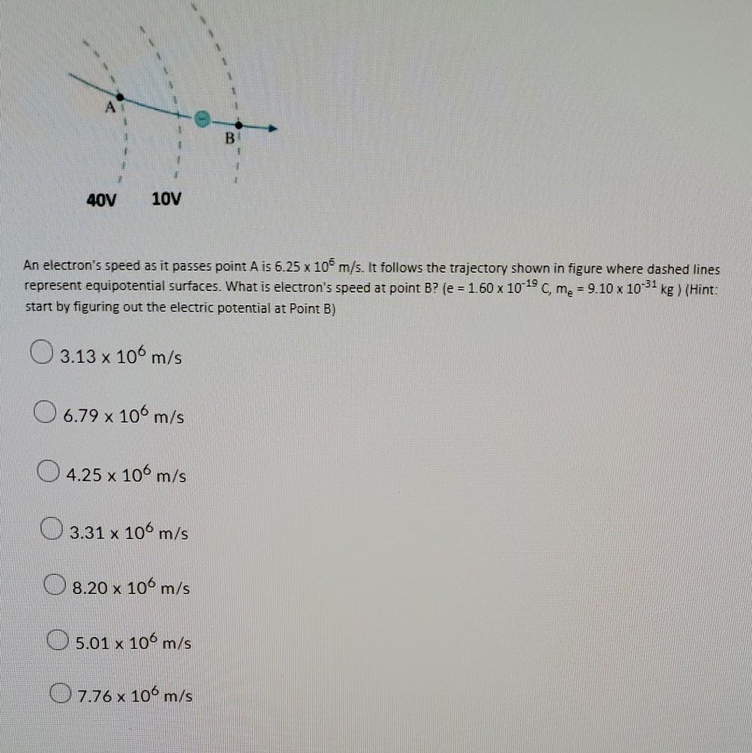 Solved An electron speed as it passes point a is 6.25x10^6 | Chegg.com